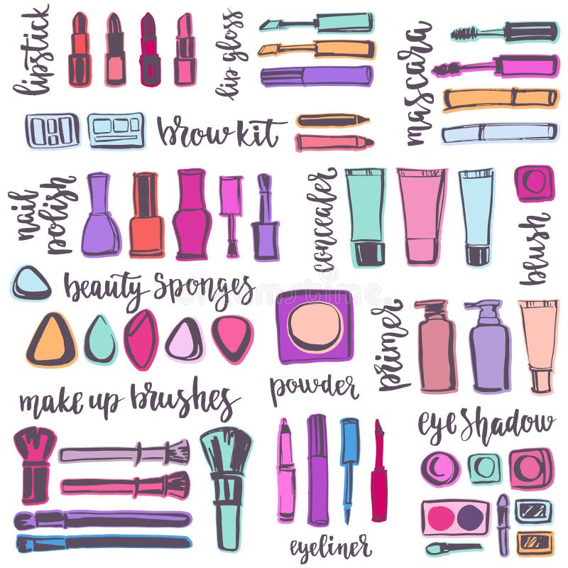 Colorful Makeup Cosmetic Pattern with Lettering. Stock Vector ...