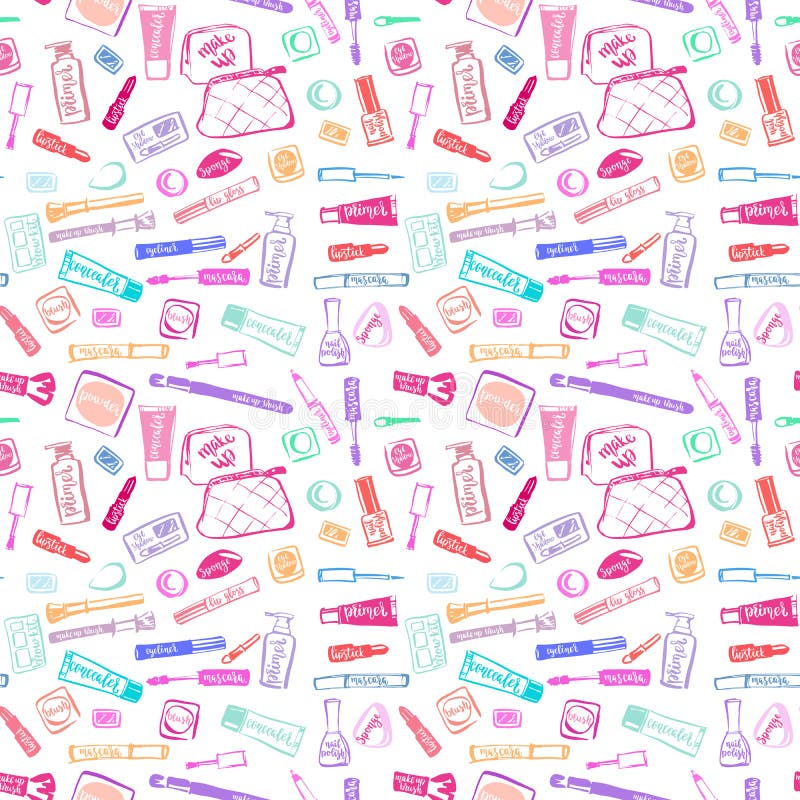 Colorful Makeup Cosmetic Pattern with Lettering. Stock Vector ...