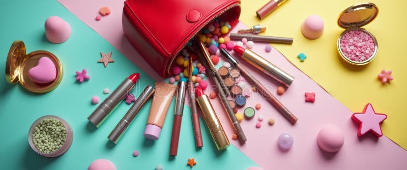 Colorful Makeup Explosion from a Vibrant Red Bag Stock Image - Image of ...
