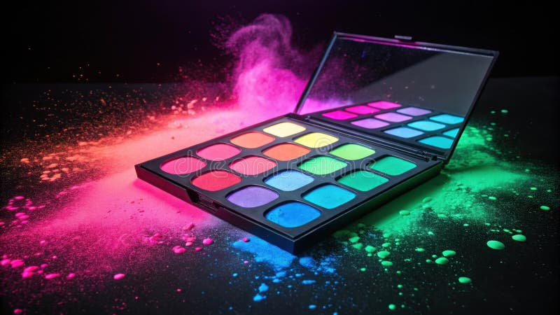 Colorful Makeup Palette Exploding with Pigment Powder on Black ...
