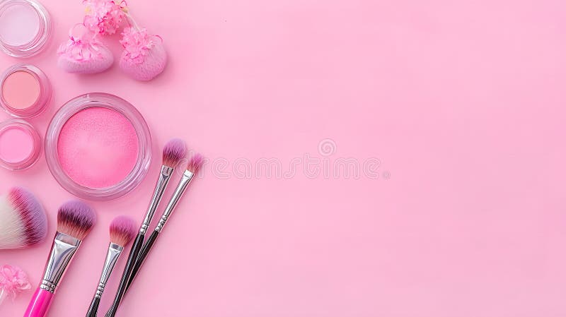 Colorful Makeup Tools and Products on Pink Background Stock ...