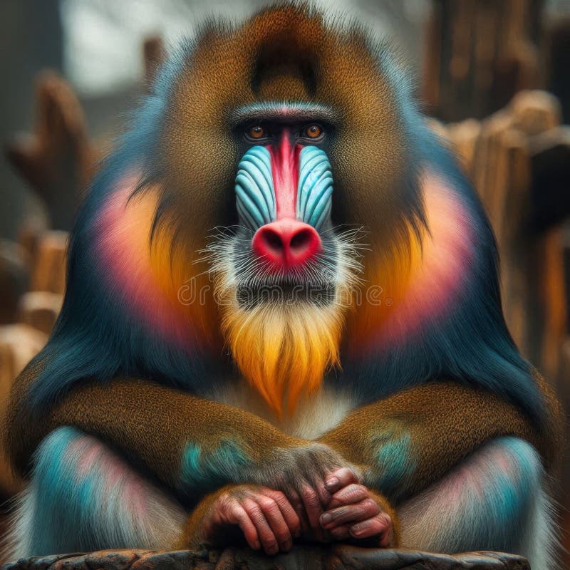 A Colorful Male Mandrill Monkey Sitting on a Rock, Looking Attentively ...
