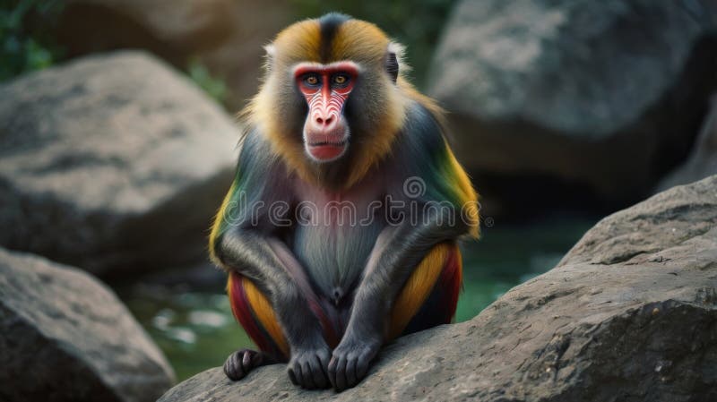 A Colorful Male Mandrill Monkey Sitting on a Rock, Looking Attentively ...