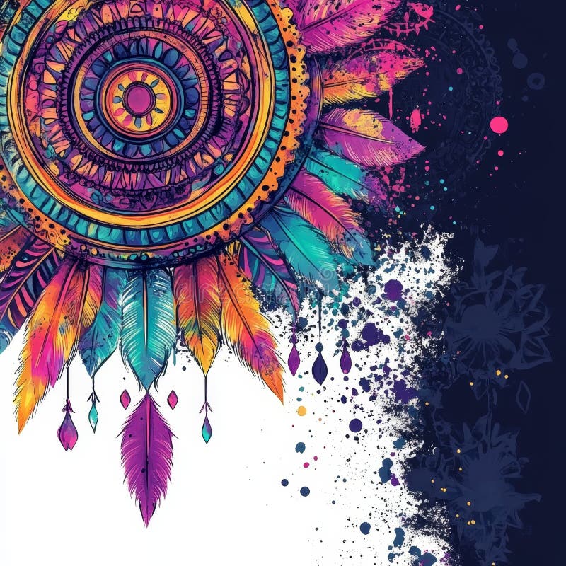 Colorful Mandala Design with Feathers and Abstract Patterns Stock ...