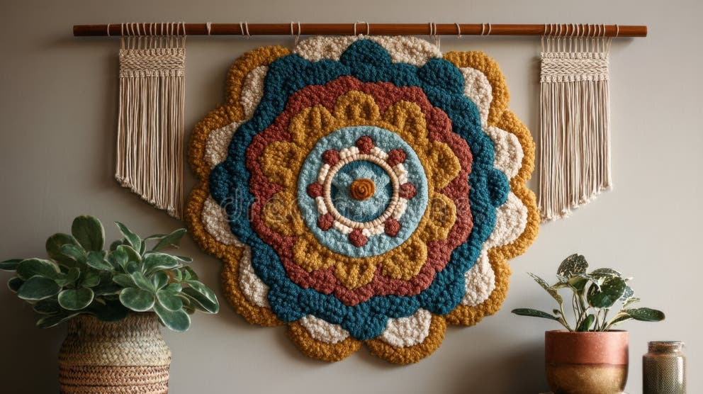 Colorful Mandala Macrame Wall Hanging with Greenery Stock Illustration ...