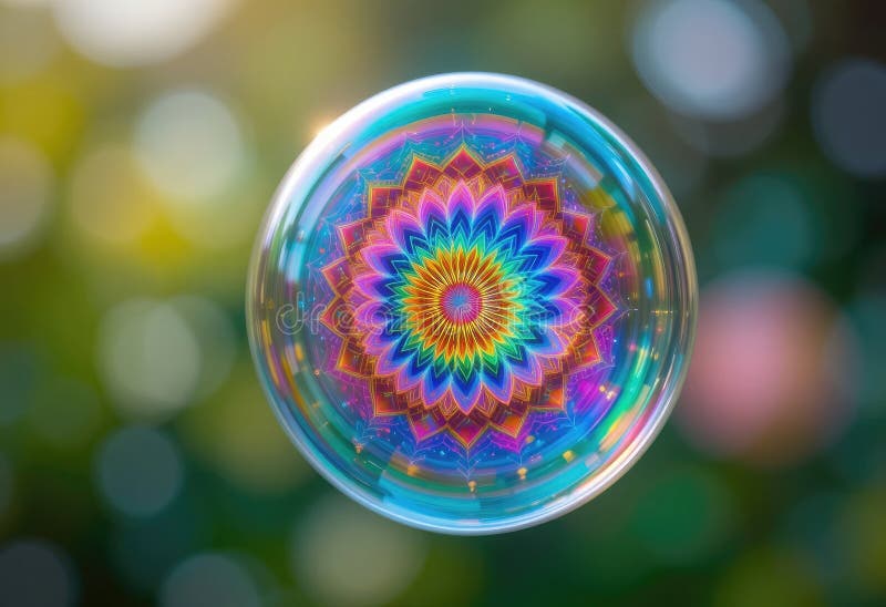 Colorful Mandala Reflection in a Bubble with Soft Green Background ...