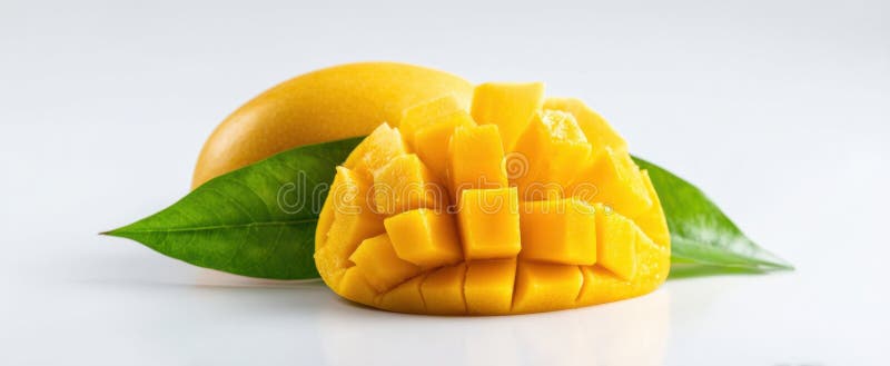 The Colorful Mango Sliced Open with Fresh Leaves on a White Background ...