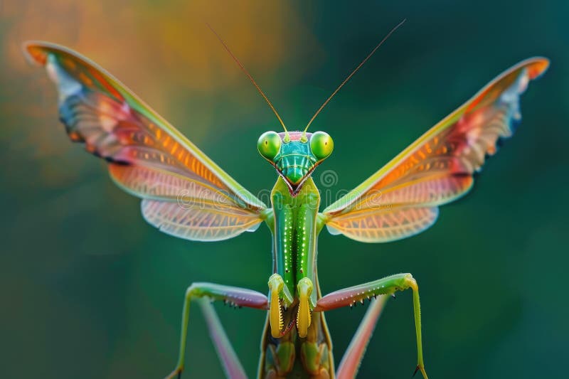Colorful Mantis with Open Wings. Beautiful Insect Sitting on a Twig ...