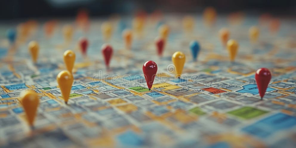 Colorful Map with Multiple Location Pins Highlighting Navigation and ...