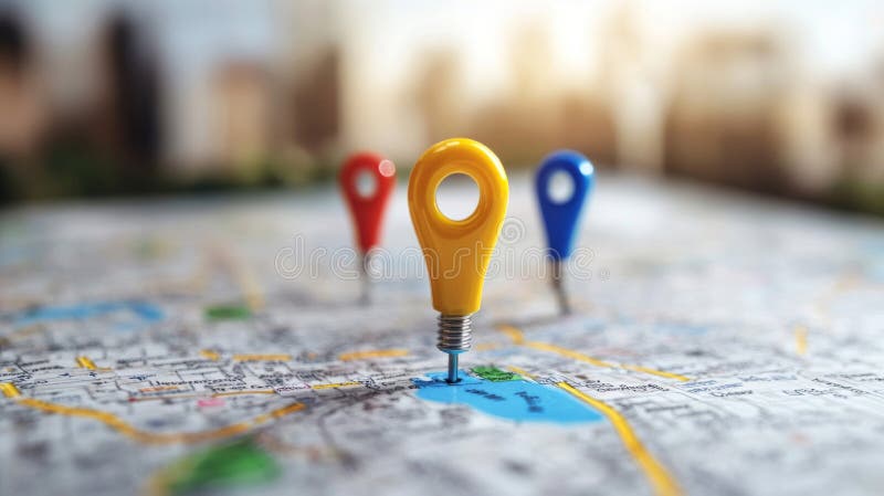 Colorful Map Pins Marking Locations on Detailed Map Stock Illustration ...