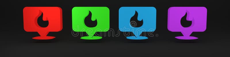 Colorful Map Pointer with Fire Flame Icon Isolated on Black Background ...