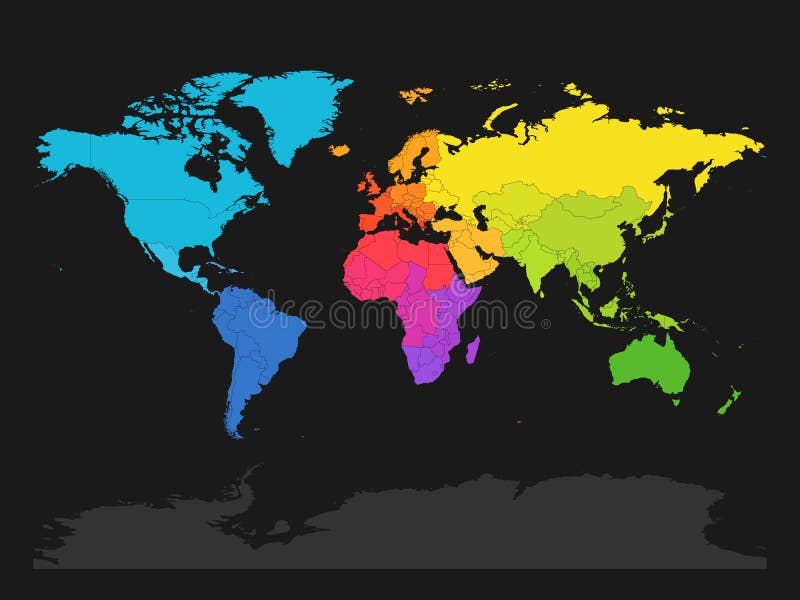 Colorful Map of World Divided into Regions on Dark Grey Background ...