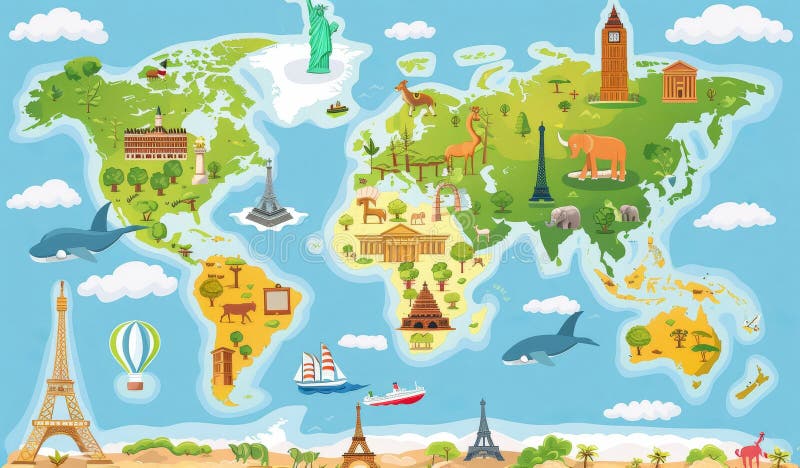 A Colorful Map of the World with Various Landmarks and Animals by AI ...