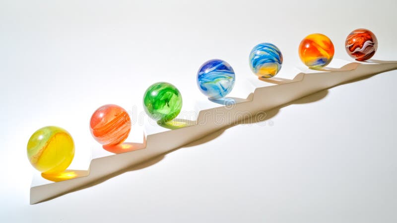 Colorful Marbles Rolling Down a White Slope in a Conceptual Image Stock ...