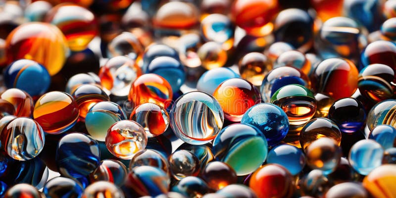 Colorful Marbles Scattered on a Reflective Surface, Creating ...