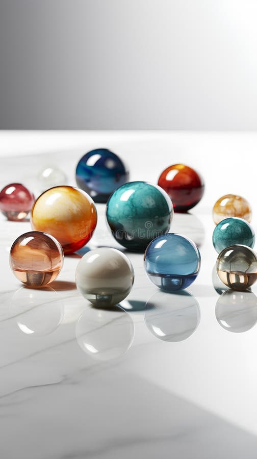 Colorful Marbles on White Marble Surface with Reflection, Shallow Depth ...