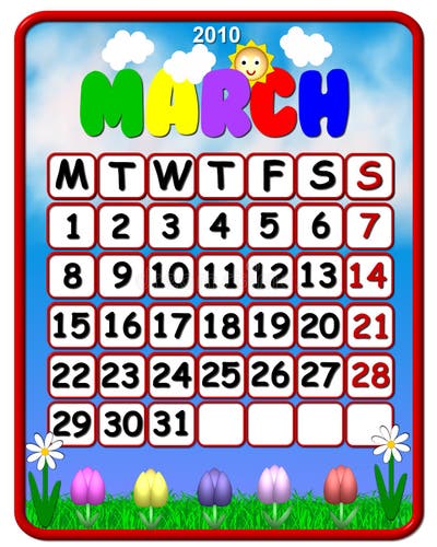 Colorful March 2010 Calendar Stock Illustration - Illustration of dates ...