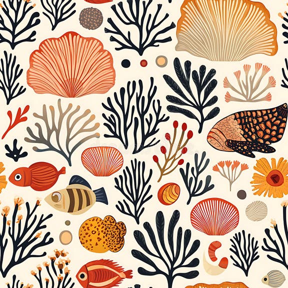 Colorful Marine Life Pattern Featuring Fish, Shells, and Coral Stock ...