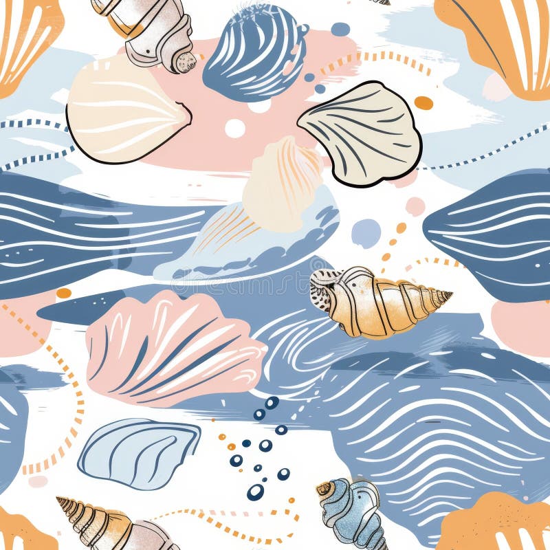 Colorful Marine Pattern with Seashells and Waves Stock Image - Image of ...