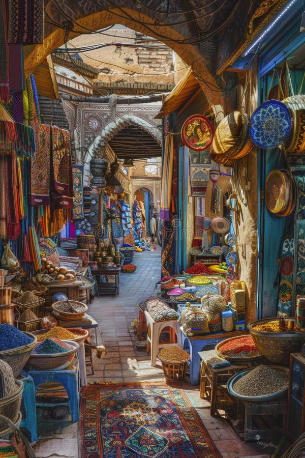 Colorful Market in a Moroccan Bazaar with Spices and Vibrant Textiles ...