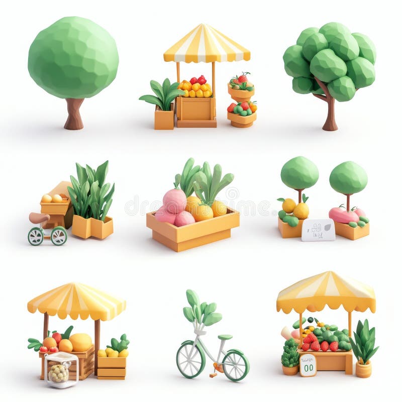 Colorful Market Scene Surrounded Fresh Vegetables Trees Stock Photos ...