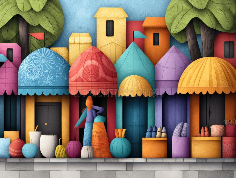 Colorful Market Scene with Vibrant Stalls Stock Illustration ...