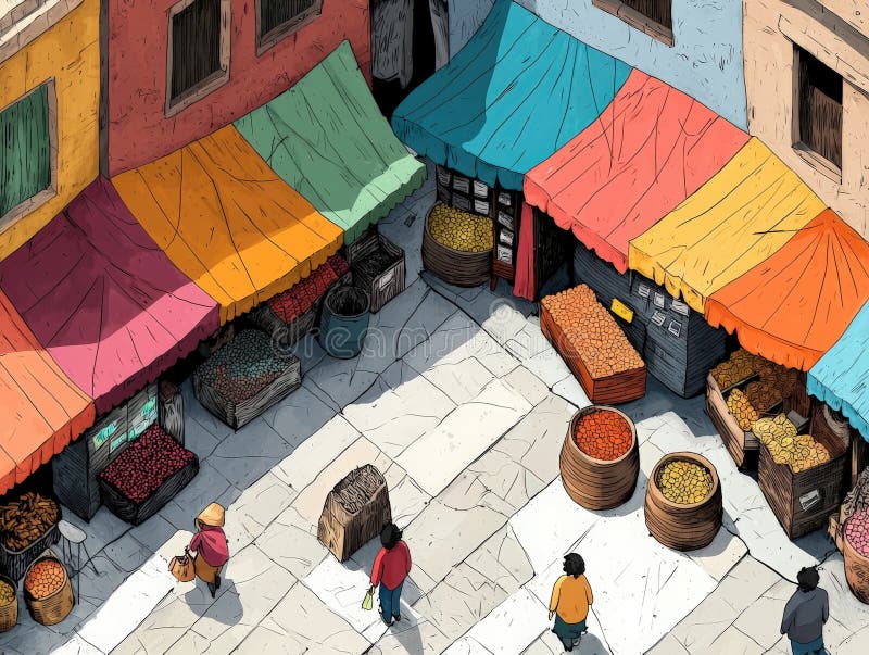Colorful Market Scene with Vibrant Stalls Stock Illustration ...