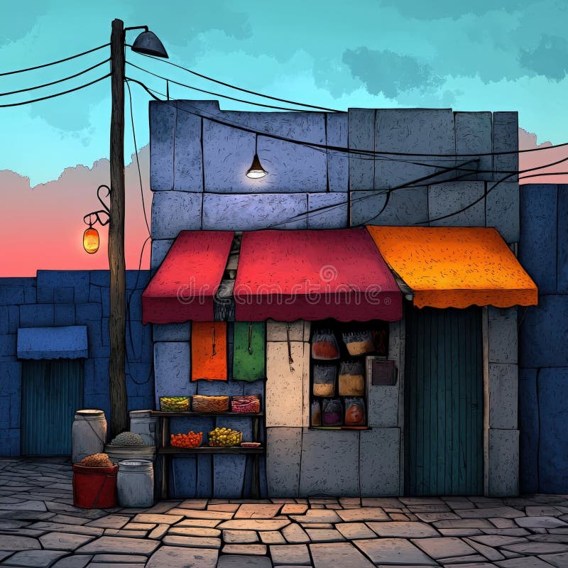 Colorful Market Stall in Urban Setting Stock Illustration ...