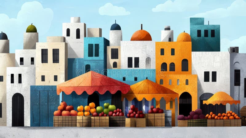 Colorful Market with Traditional Buildings Stock Illustration ...