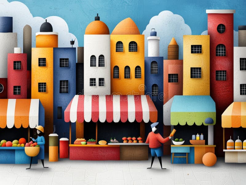 Colorful Markets with Vibrant Buildings Stock Illustration ...