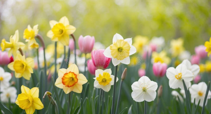A Colorful Meadow of Spring Flowers with a Green Blurred Background ...