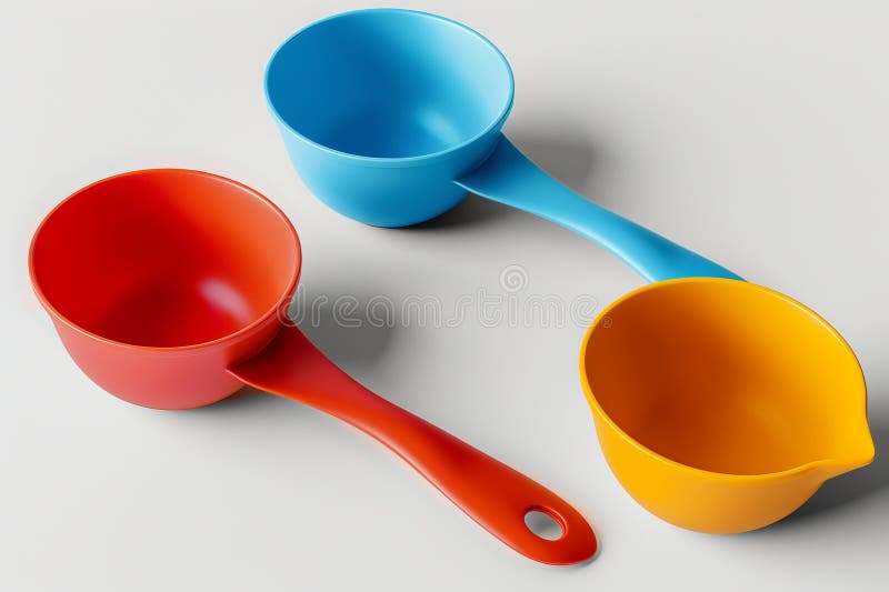 Colorful Measuring Cups on a White Table. Practical Kitchen Tools for ...