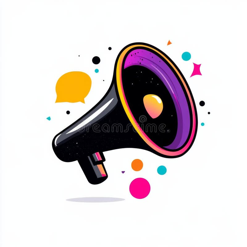 Colorful Megaphone with Abstract Shapes on White Background Stock ...