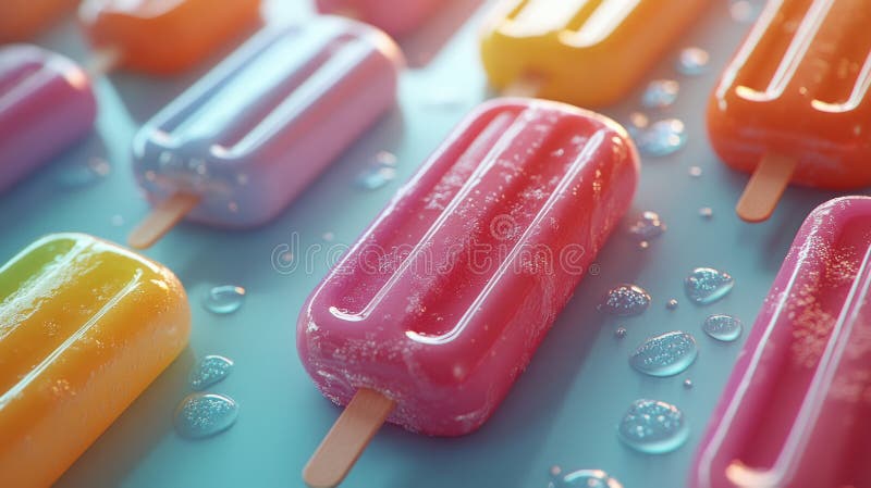 Colorful Melted Popsicles on Blue Surface with Water Droplets Stock ...