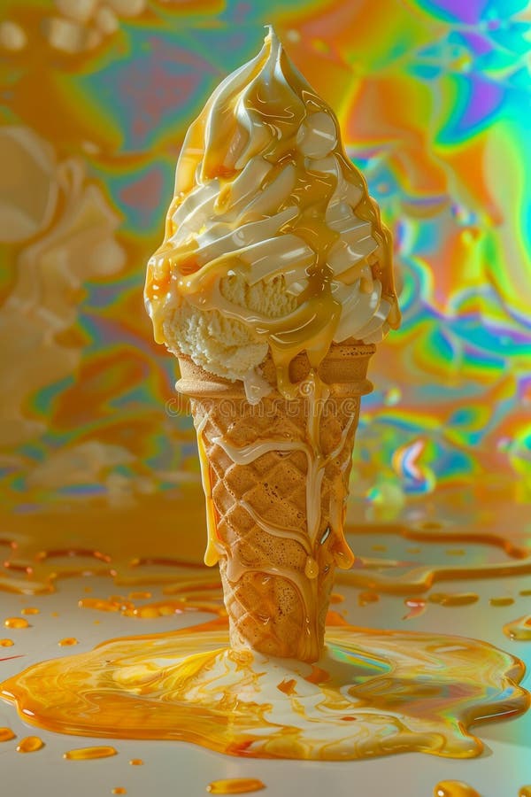 Colorful Melting Ice Cream Cone With Dripping Sauce On Iridescent