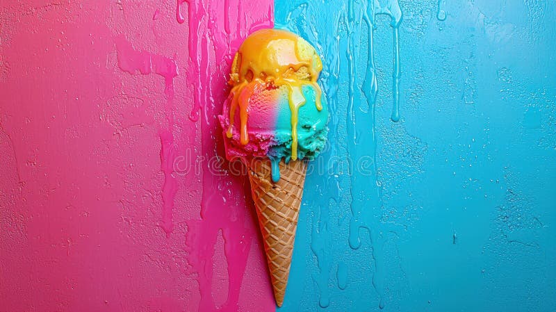 Colorful Melting Ice Cream Cone on Pink and Blue Background. Generative ...