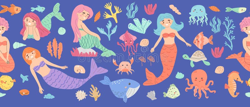 Colorful Mermaid and Ocean Creatures on Blue Background Stock ...
