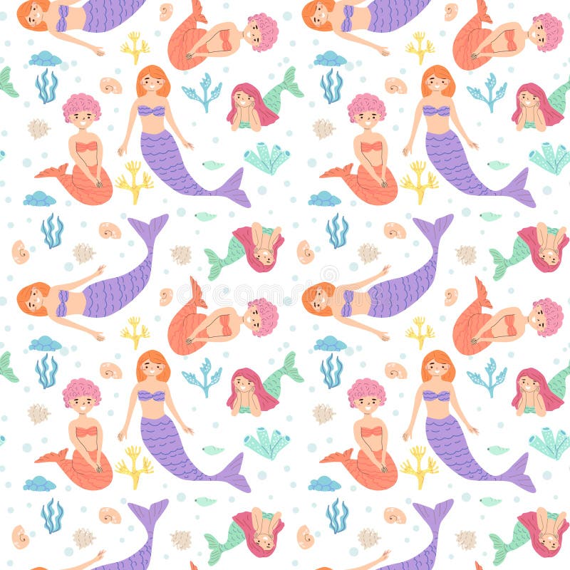 Colorful Mermaid Pattern with Ocean Elements and Diverse Female ...