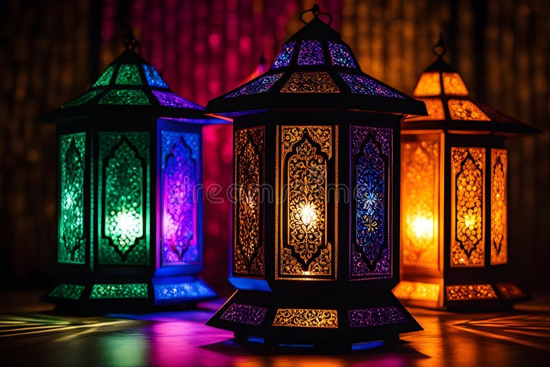 Colorful Metal Lanterns in Night Scene for Muslim Holy Days Stock ...