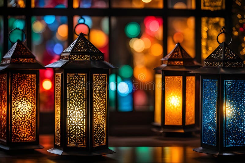 Colorful Metal Lanterns in Night Scene for Muslim Holy Days Stock ...