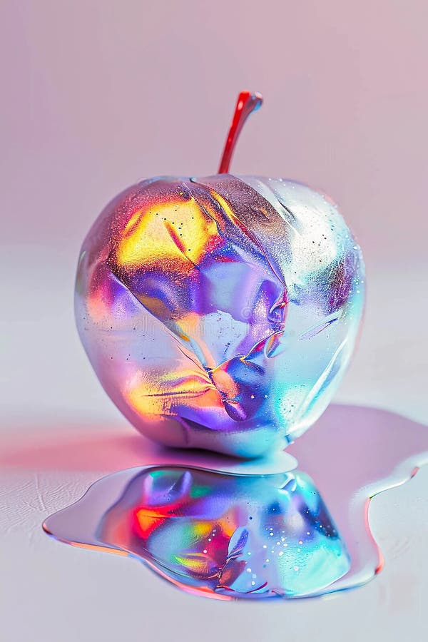Colorful Metallic Apple with Reflections on a Wet Surface Creating a ...