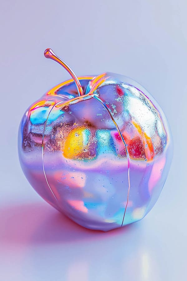 Colorful Metallic Apple with Reflections on a Wet Surface Creating a ...
