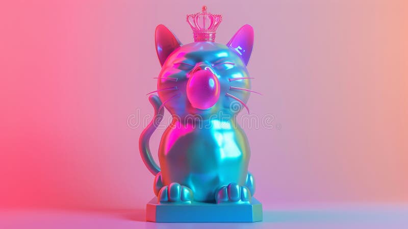 Colorful Metallic Cat Statue with Crown on Gradient Background, Playful ...