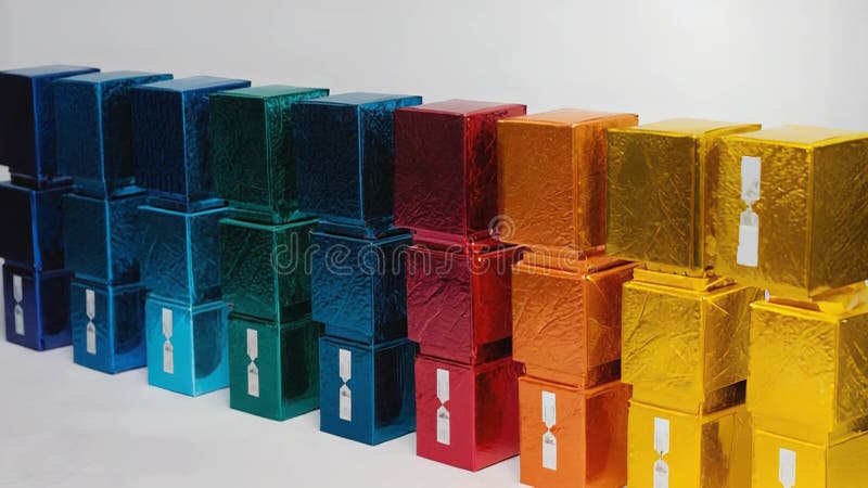 Colorful Metallic Gift Boxes Forming a Gradient on White Background ...
