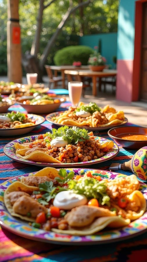 Colorful Mexican Feast Outdoors with Assorted Dishes and Bright Decor ...
