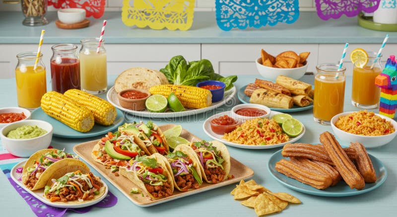 Colorful Mexican Fiesta Food Spread on a Table Stock Illustration ...