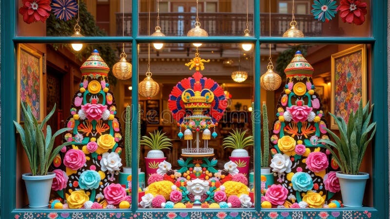 Colorful Mexican Folk Art Display in Vibrant Storefront Window with ...