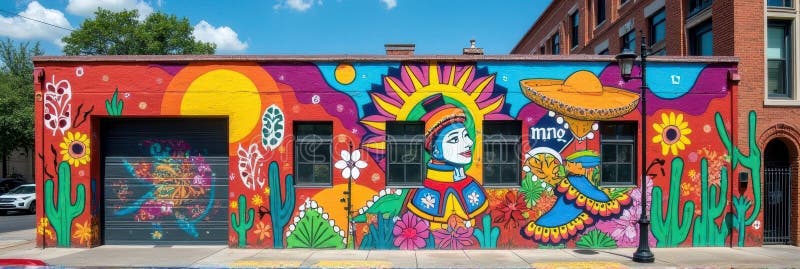 Colorful Mexican Mural with Sombrero and Floral Elements in Urban ...