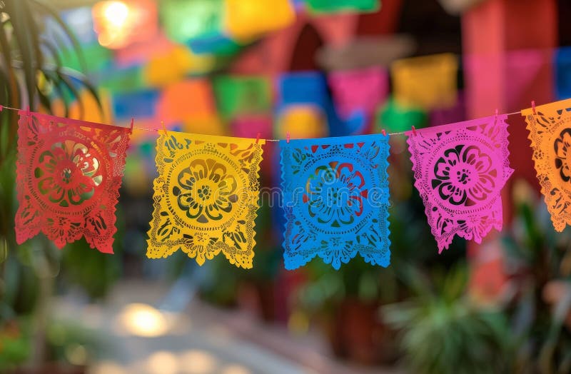 Colorful Mexican Paper Decorations Hanging Stock Illustration ...