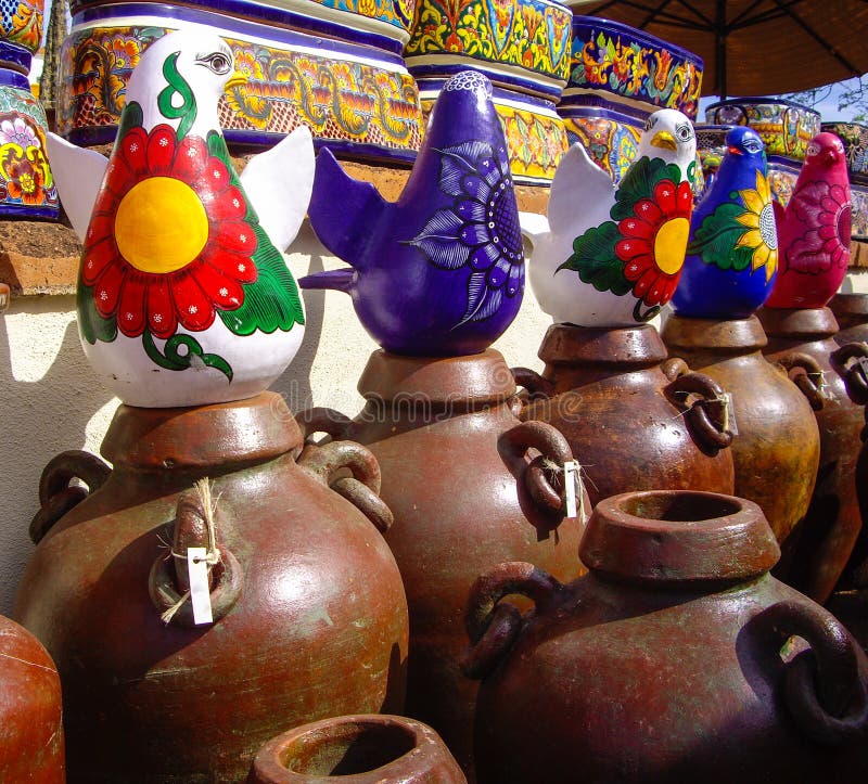 Colorful Mexican Pottery and Birds Stock Image - Image of pottery ...